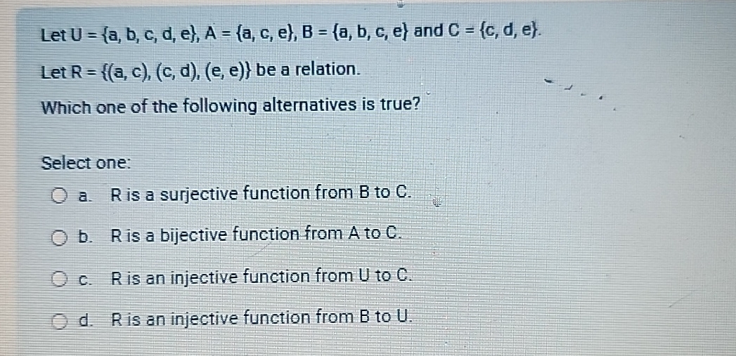 Solved Let U={a,b,c,d,e},A={a,c,e},B={a,b,c,e} ﻿and | Chegg.com