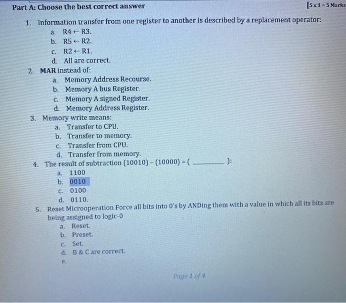 Solved Part A Choose The Best Correct Answer 5x1 S Marks 