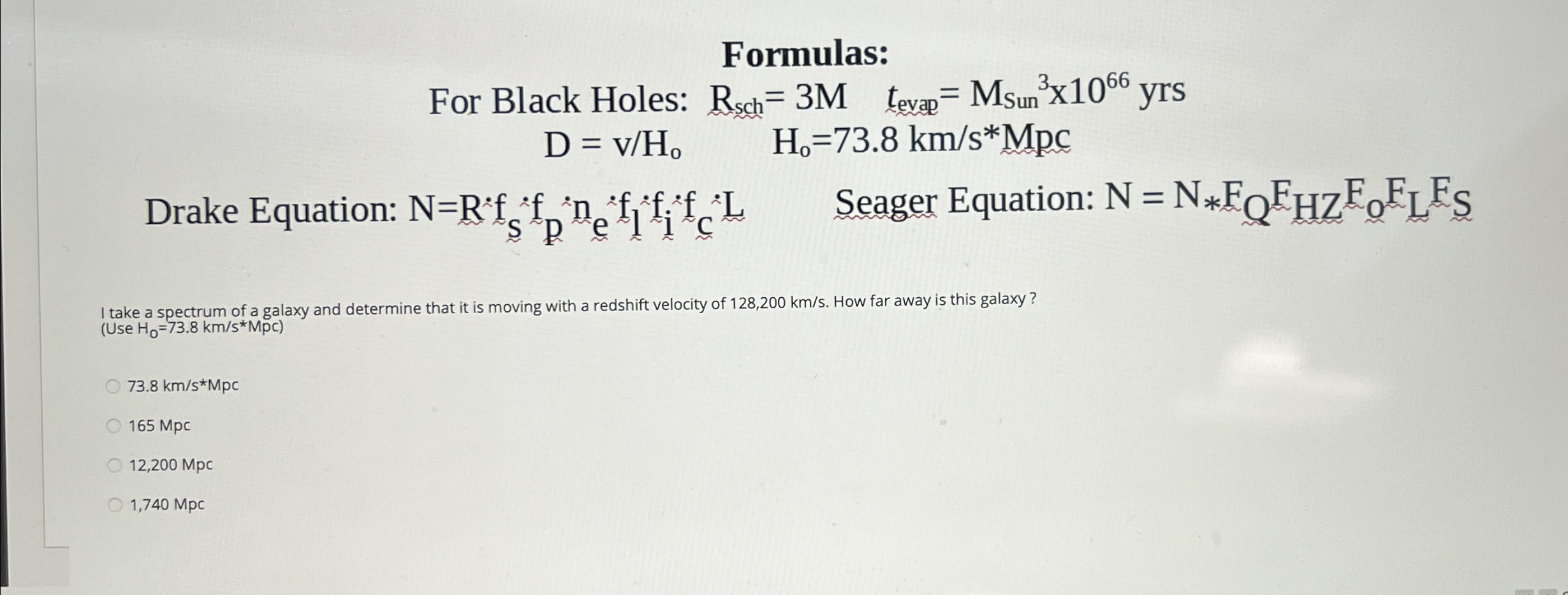 Solved Formulas:For Black Holes: | Chegg.com