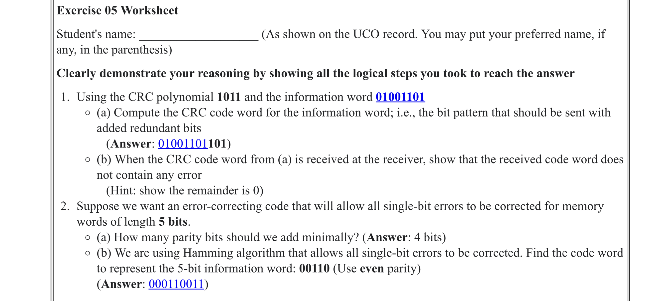 Solved Exercise 05 ﻿WorksheetStudent's name:(As shown on the | Chegg.com