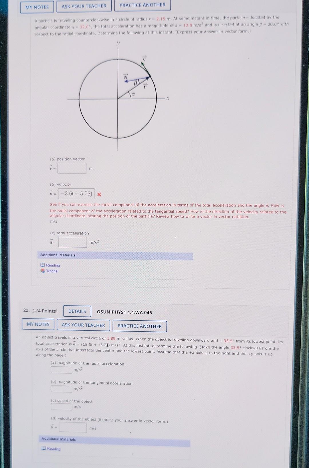 Solved MY NOTES A particle is traveling counterclockwise in | Chegg.com