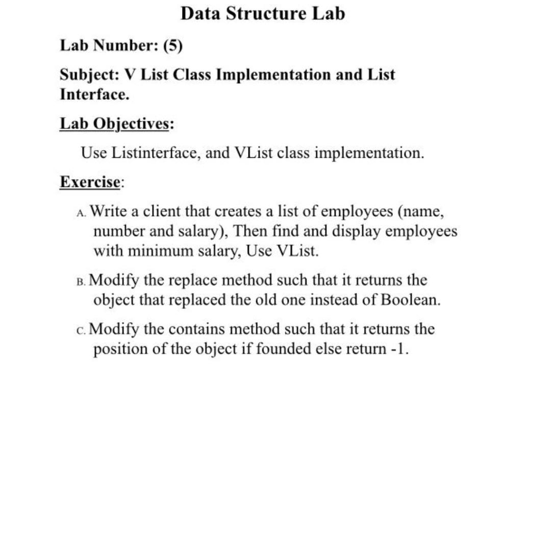 Solved Data Structure Lab Lab Number: (5) Subject: V List | Chegg.com