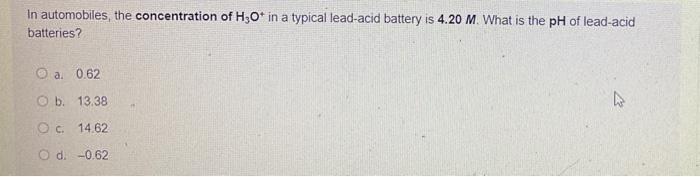 Solved In automobiles, the concentration of H3O+in a typical | Chegg.com