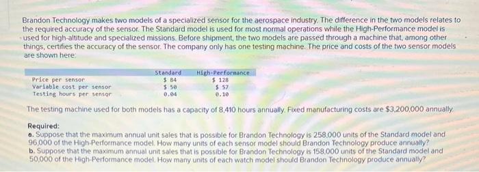 Solved Brandon Technology makes two models of a specialized | Chegg.com