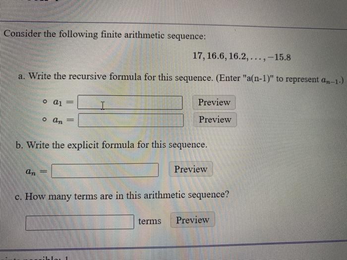 Solved Consider the following finite arithmetic sequence: | Chegg.com