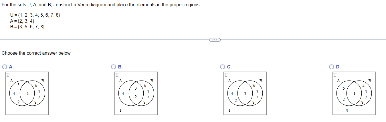 Solved For the sets U,A, ﻿and B, ﻿construct a Venn diagram | Chegg.com