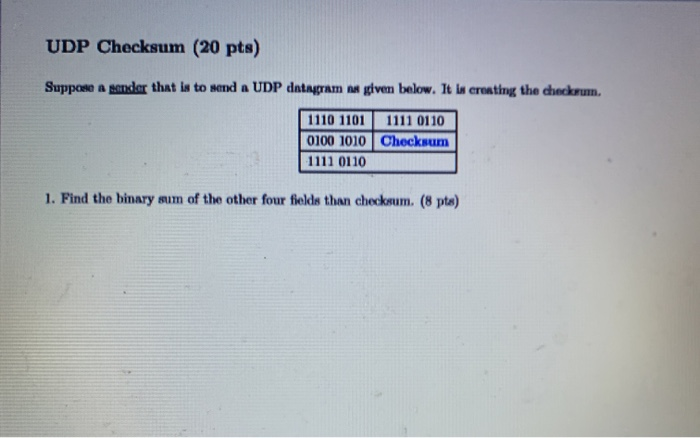 Solved UDP Checksum (20 pts) Suppose a gender that is to | Chegg.com