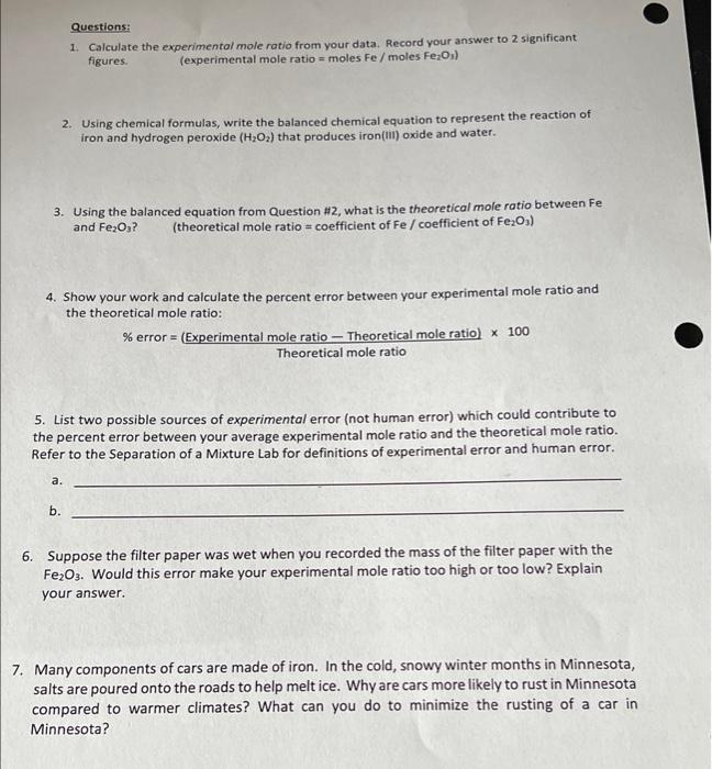 LAB 9: STOICHIOMETRY Day 1. A. Mass of Fe granules | Chegg.com