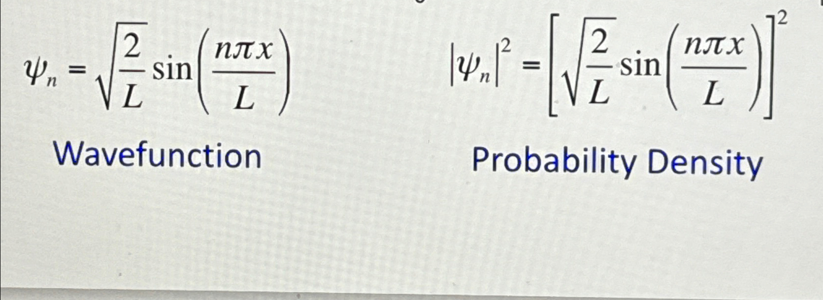 Solved ψn=2L2sin(nπxL),|ψn|2=[2L2sin(nπxL)]2 ﻿Wavefunction | Chegg.com