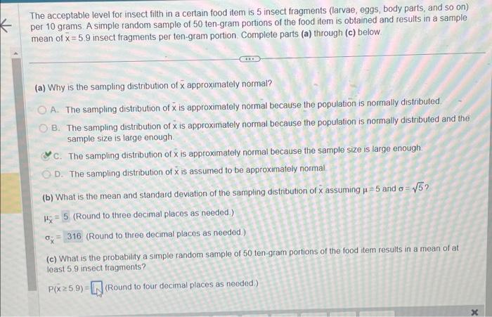 Solved k The acceptable level for insect filth in a certain | Chegg.com