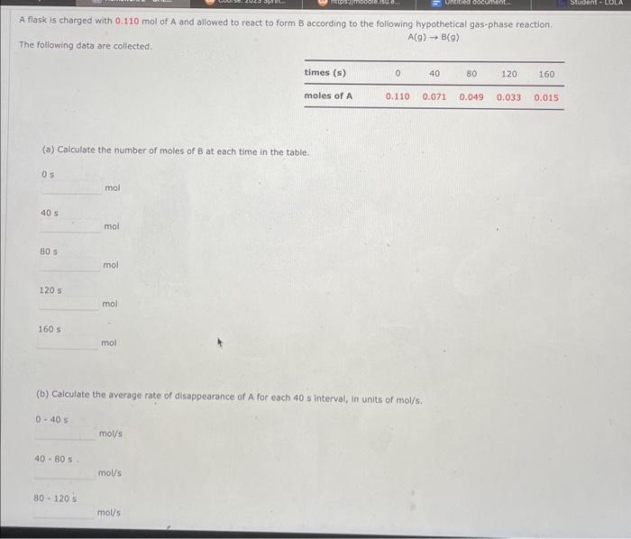 Solved A flask is charged with 0.110 mol of A and allowed to | Chegg.com