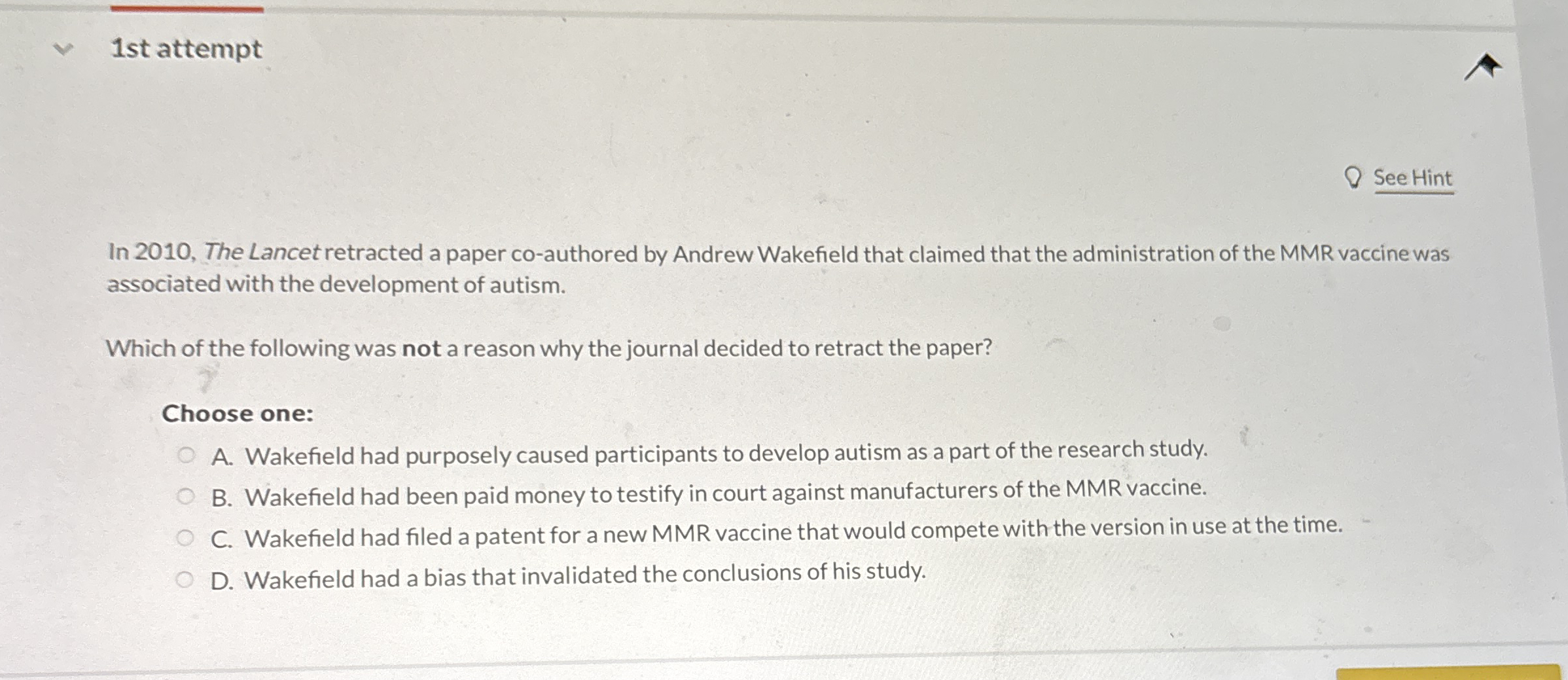 Solved 1st attemptSee HintIn 2010, ﻿The Lancet retracted a | Chegg.com