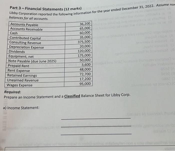 Solved Part 3 - Financial Statements (12 marks) breyud | Chegg.com