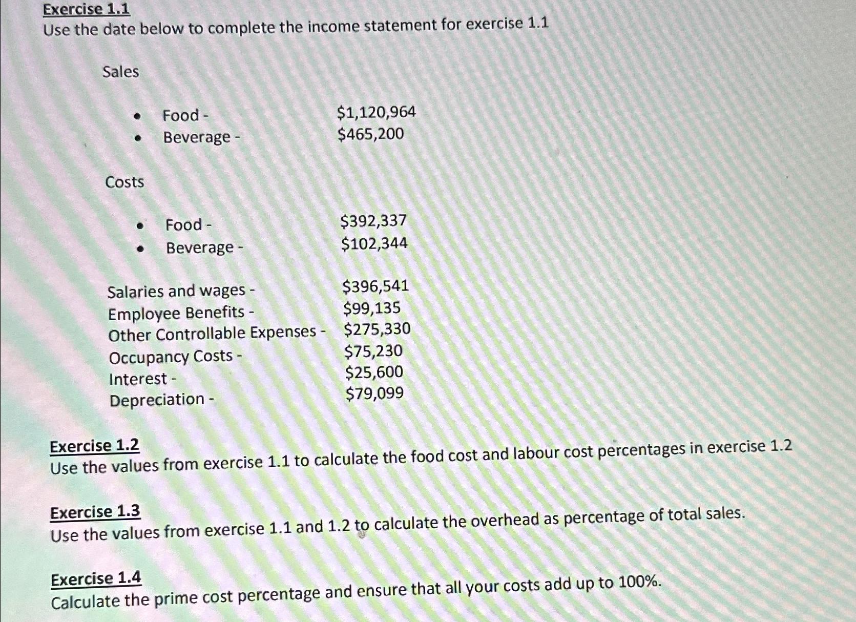 Solved Exercise 1.1Use the date below to complete the income | Chegg.com