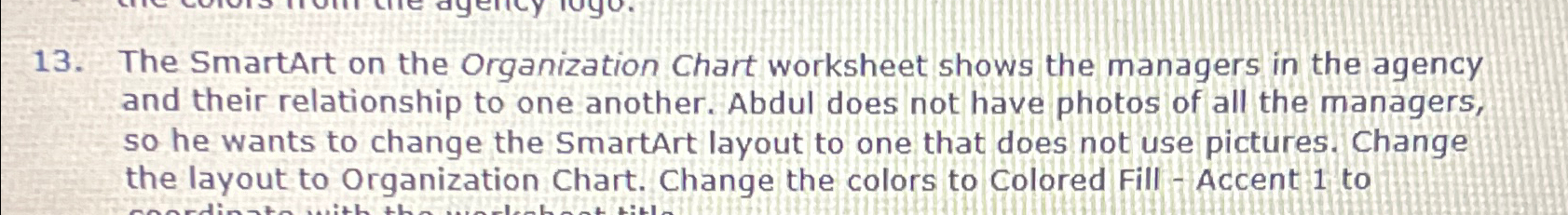 Solved The SmartArt on the Organization Chart worksheet | Chegg.com
