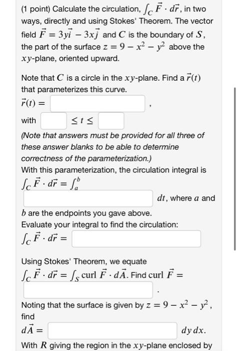 Solved (1 point) Calculate the circulation, ∫CF⋅dr, in two | Chegg.com