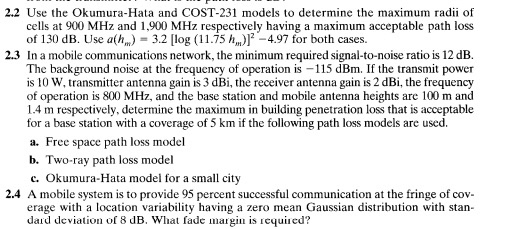 2.2 Use the Okumura-Hata and COST-231 models to | Chegg.com