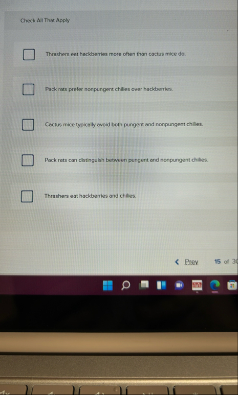 Solved Check All That Apply ﻿Thrashers eat hackberries more | Chegg.com