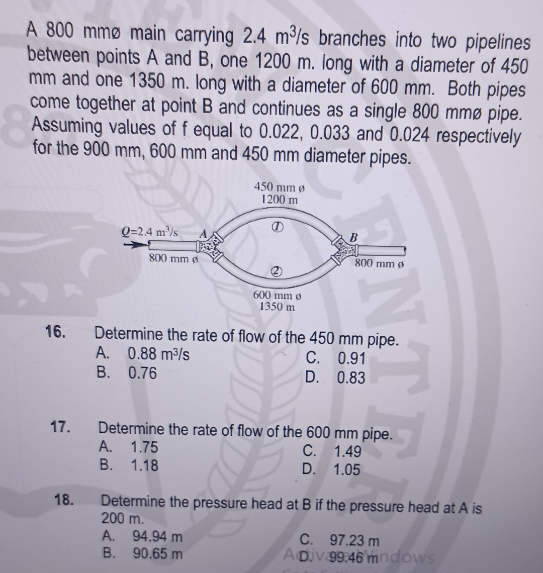 Solved A 800 ﻿mmø ﻿main carrying 2.4m3s ﻿branches into two | Chegg.com