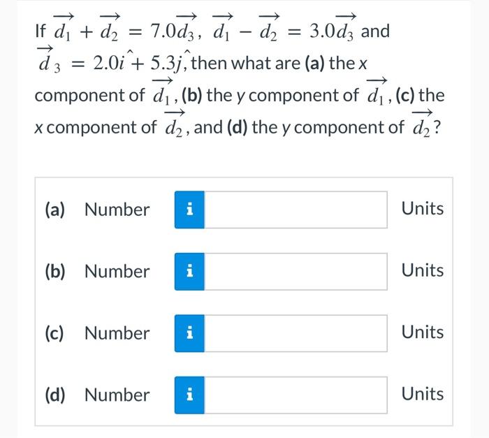 Solved If d1+d2=7.0d3,d1−d2=3.0d3 and d3=2.0i^+5.3j^, then | Chegg.com