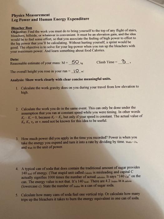 Solved Physics Measurement Leg Power and Human Energy | Chegg.com