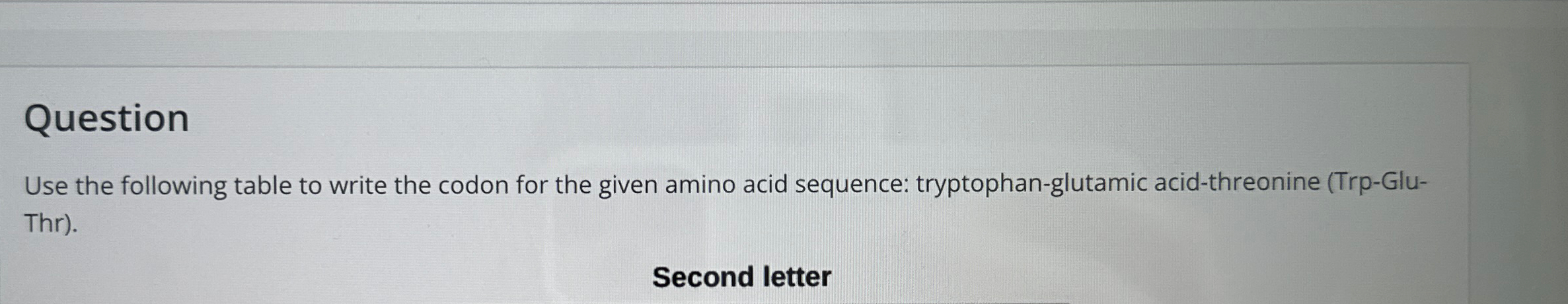 Solved QuestionUse the following table to write the codon | Chegg.com