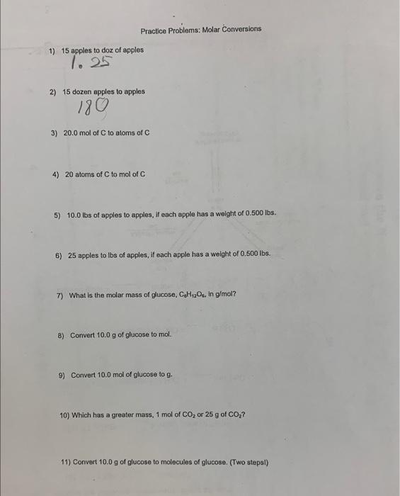 Solved Practice Problems: Molar Conversions 1) 15 apples to | Chegg.com