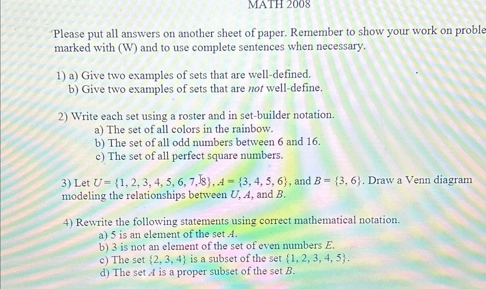 Solved MATH 2008\\nPlease put all answers on another sheet | Chegg.com