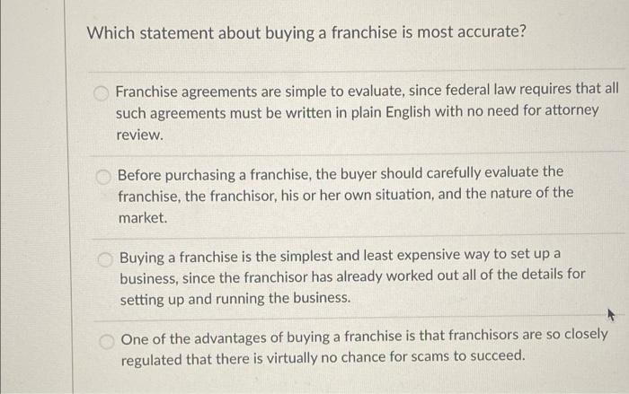 Solved Which statement about buying a franchise is most | Chegg.com
