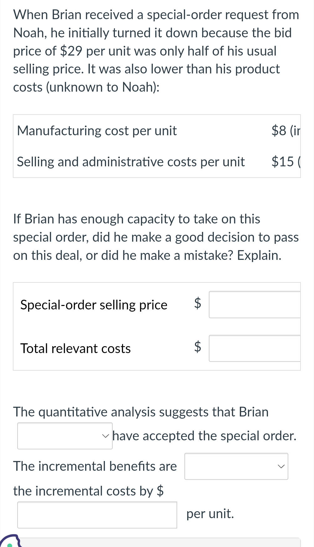 Solved When Brian received a special-order request from | Chegg.com