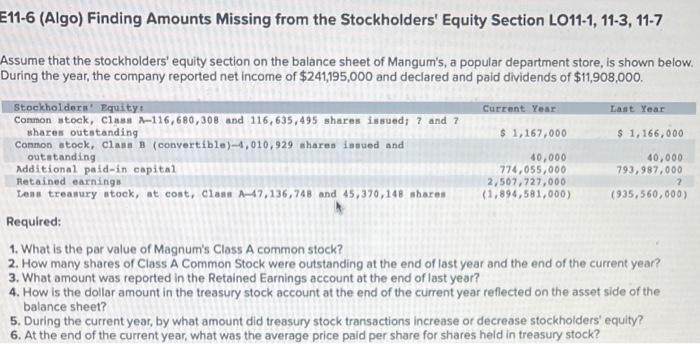 Solved E11-6 (Algo) Finding Amounts Missing from the | Chegg.com
