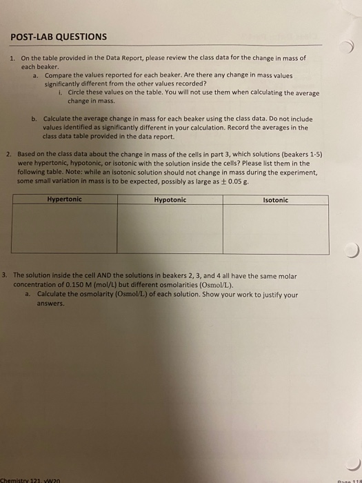 Post Lab Questions 1 On The Table Provided In The