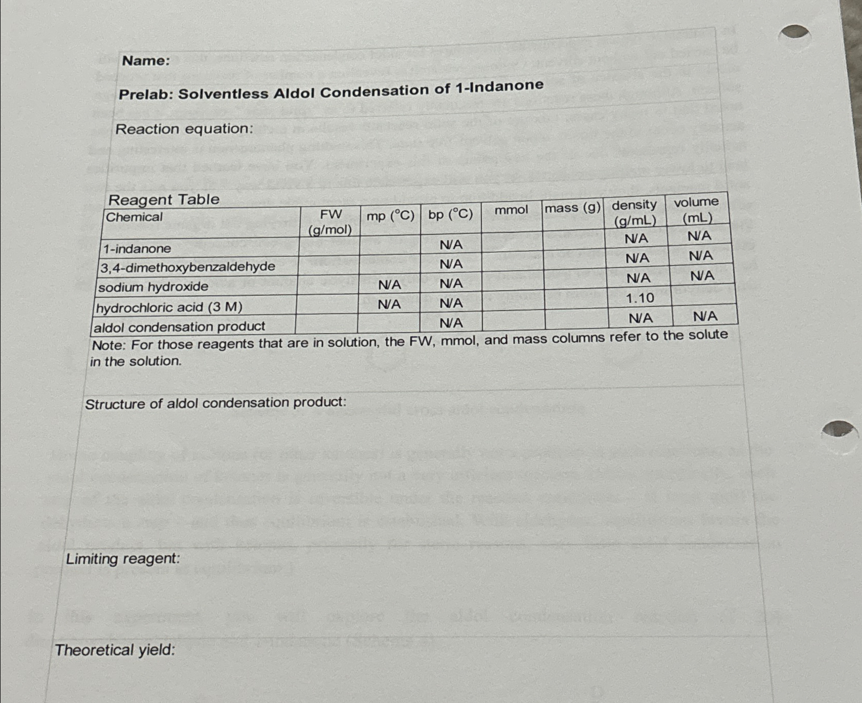 Name:Prelab: Solventless Aldol Condensation of | Chegg.com