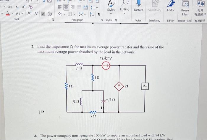 Solved 2. Find the impedance ZL. for maximum average power | Chegg.com