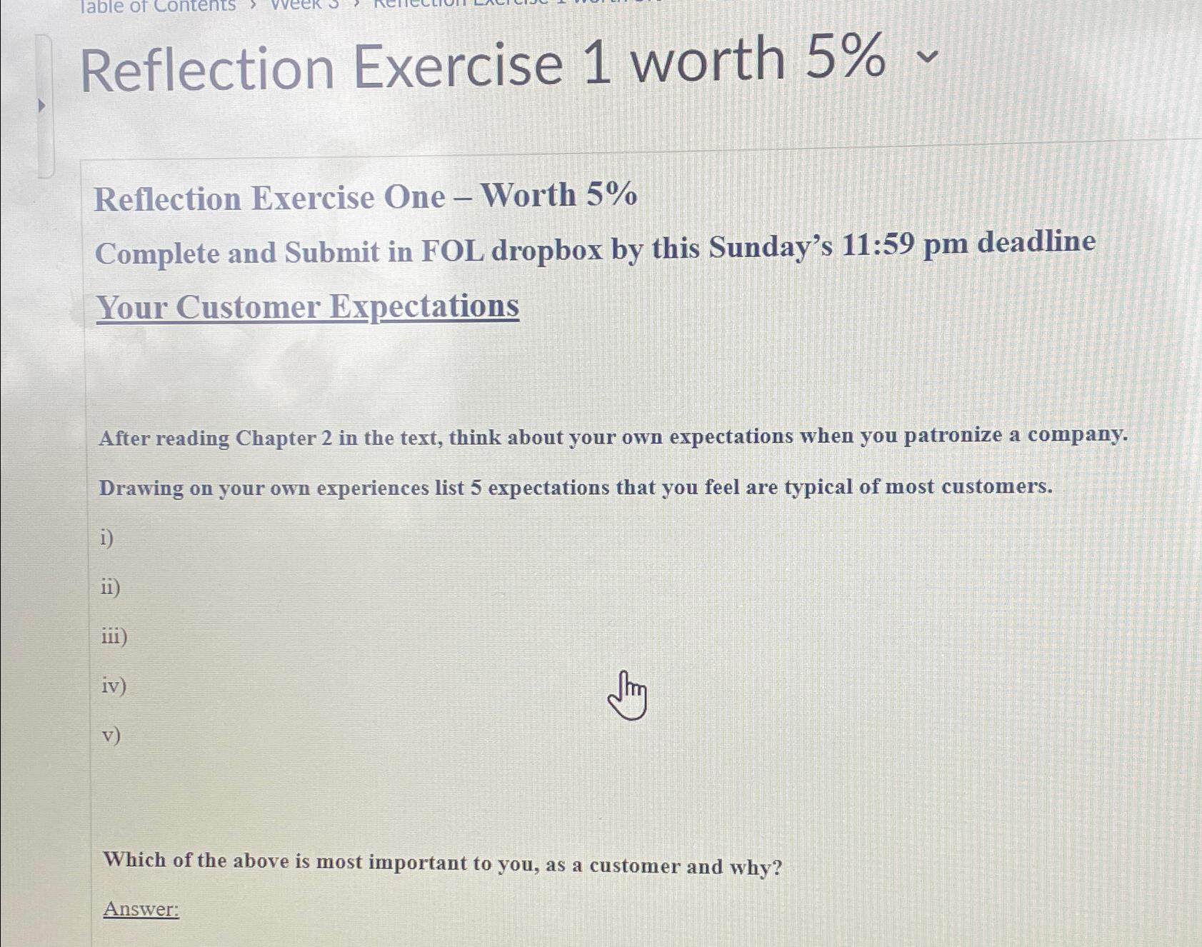 Solved Reflection Exercise 1 ﻿worth 5%Reflection Exercise | Chegg.com