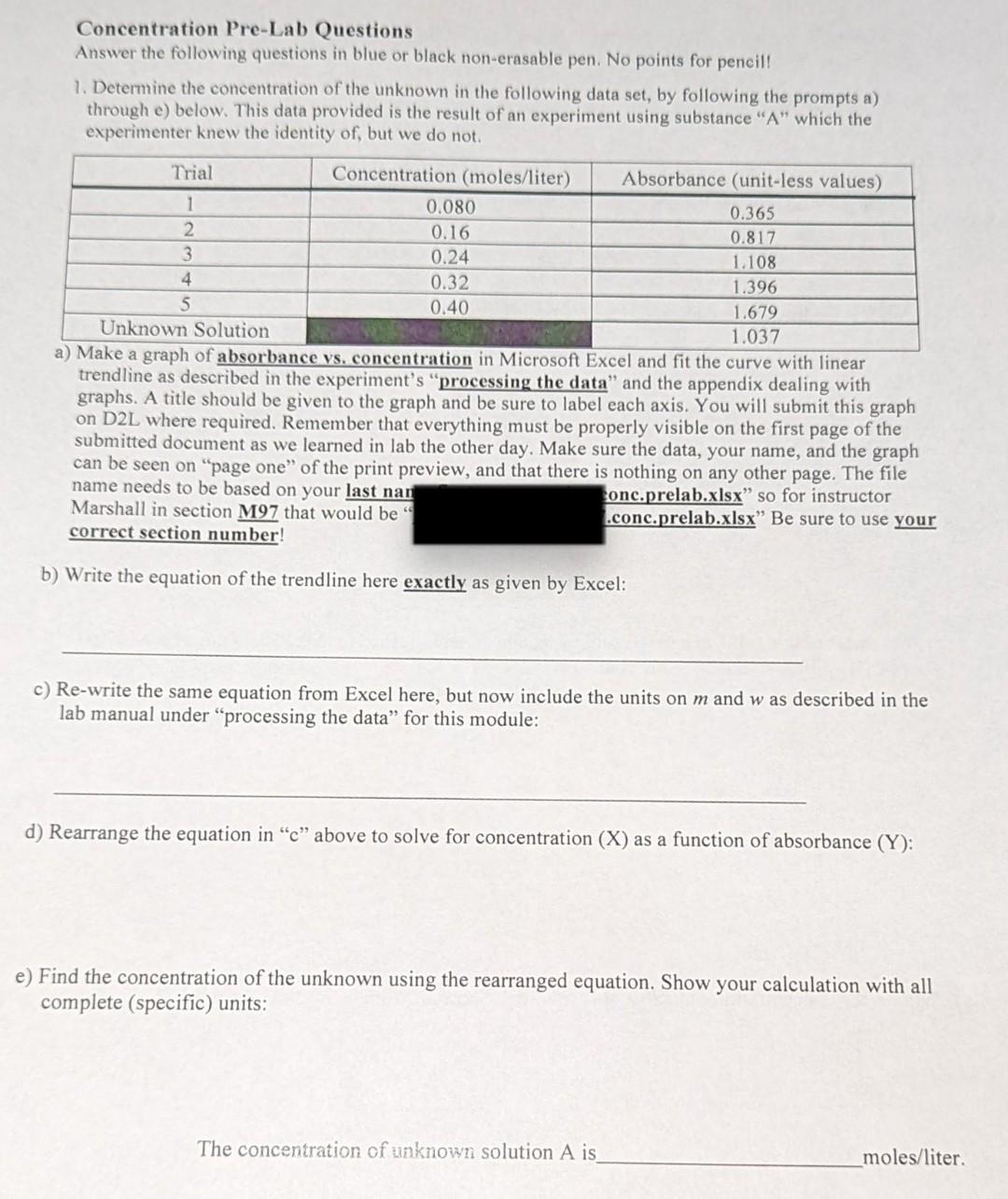 Solved Concentration Pre-Lab Questions Answer the following | Chegg.com
