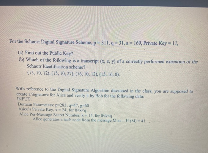 For the Schnorr Digital Signature Scheme, p = 311, q | Chegg.com