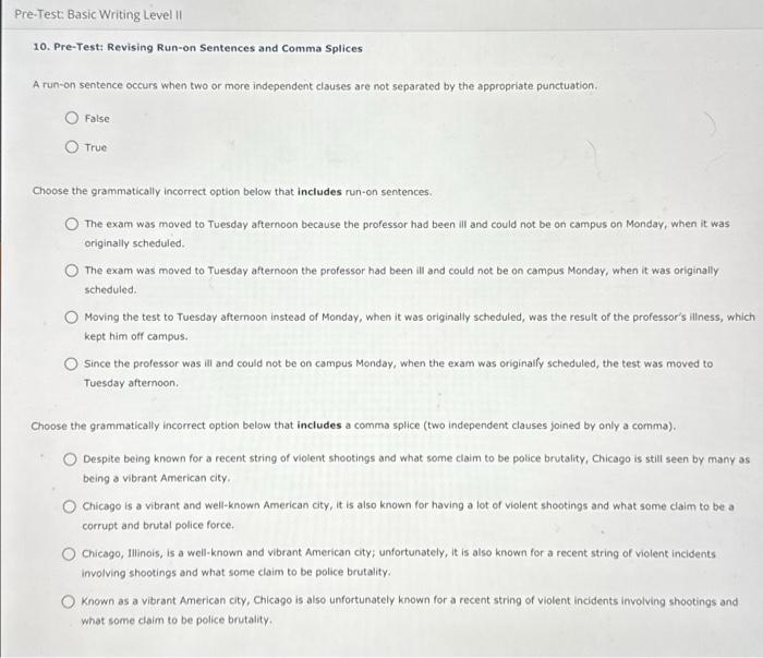 Pre-Test: Basic Writing Level II 10. Pre-Test: | Chegg.com