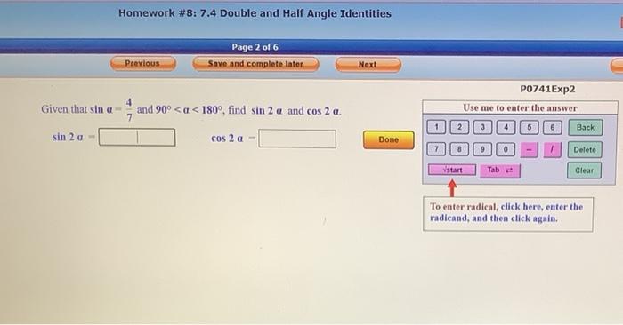 Solved Homework #8: 7.4 Double and Half Angle Identities | Chegg.com