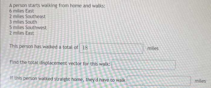 Solved A person starts walking from home and walks: 6 miles | Chegg.com