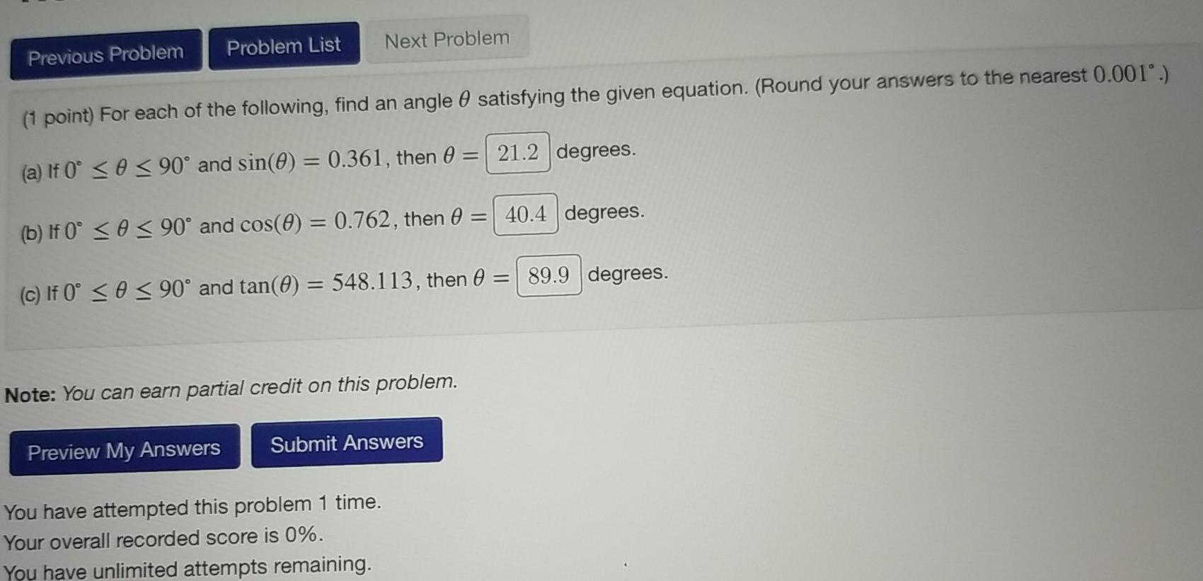 Solved Problem List Next Problem Previous Problem (1 point) | Chegg.com