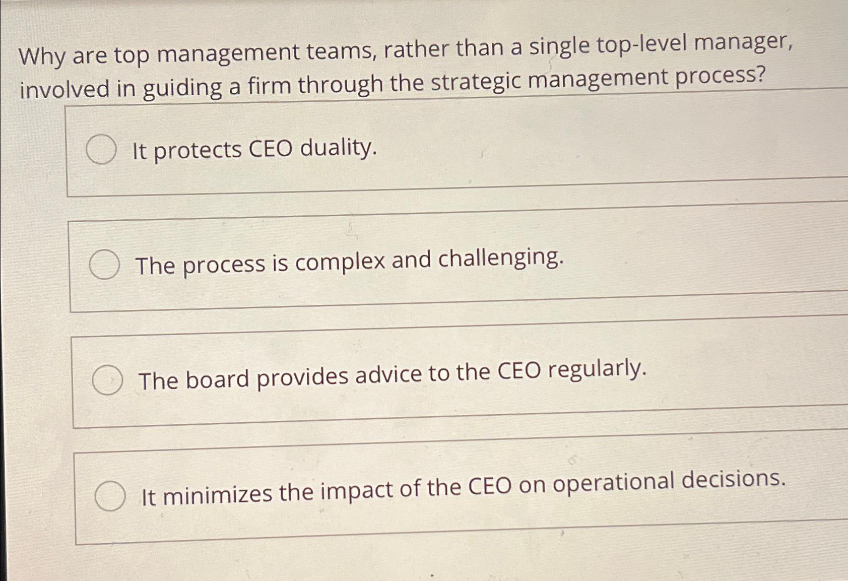 Solved Why are top management teams, rather than a single | Chegg.com