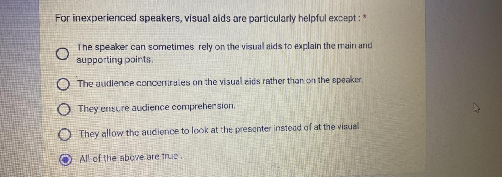 Solved For inexperienced speakers, visual aids are | Chegg.com
