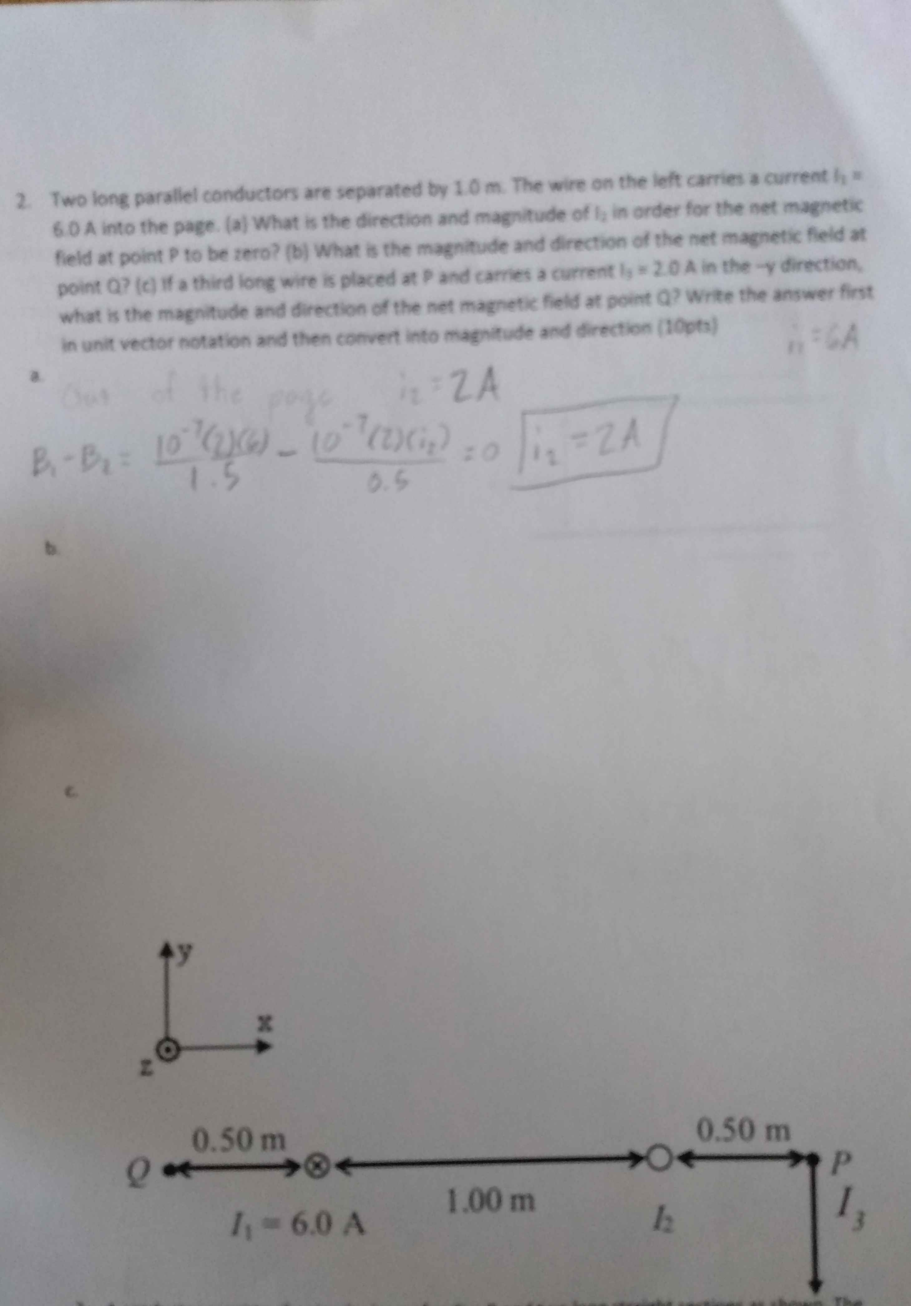 Solved Two long parallel conductors are separated by 1.0m. | Chegg.com