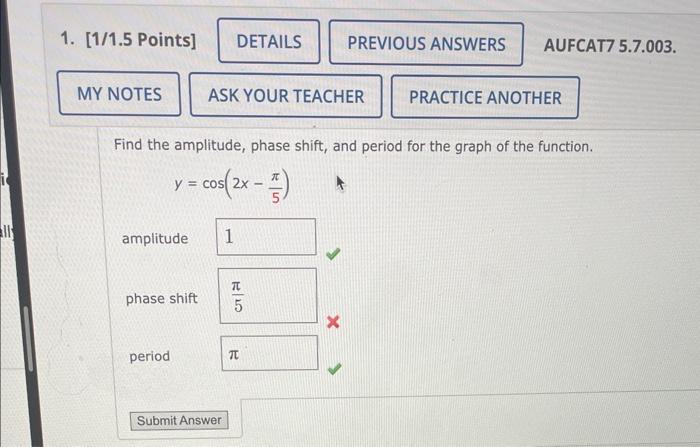 Solved Find the amplitude, phase shift, and period for the | Chegg.com
