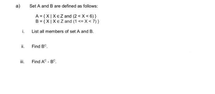Solved a) Set A and B are defined as follows: A={X|XEZ and | Chegg.com