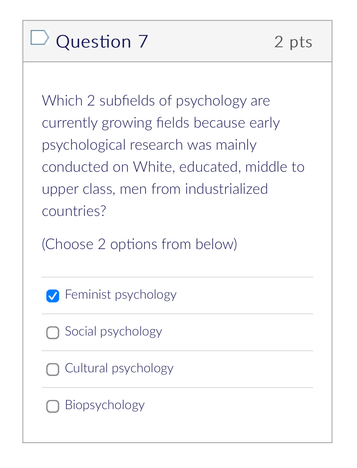 Solved Question 72 ﻿ptsWhich 2 ﻿subfields of psychology are | Chegg.com