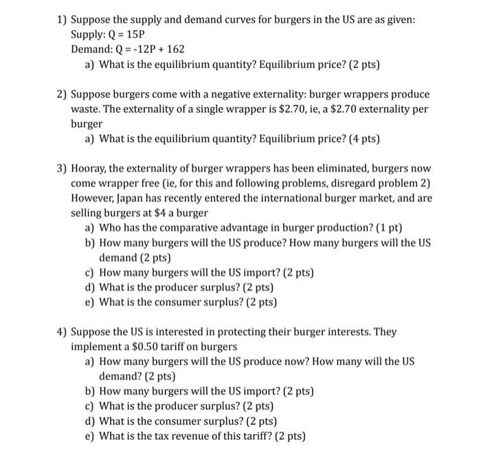 Solved 1) Suppose the supply and demand curves for burgers | Chegg.com