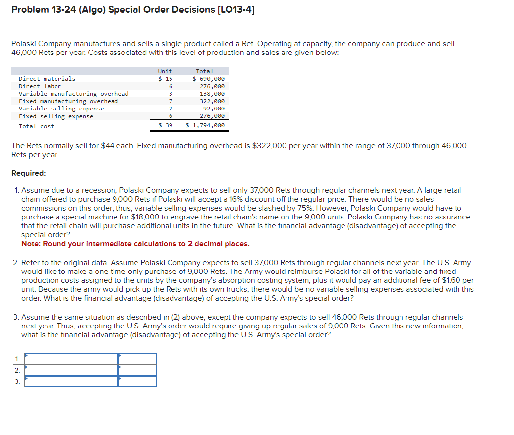 Solved Problem 13-24 (Algo) ﻿Special Order Decisions | Chegg.com