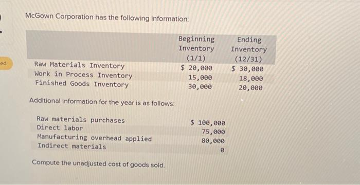 Solved McGown Corporation has the following information: | Chegg.com Solved McGown Corporation has the following information: | Chegg.com
